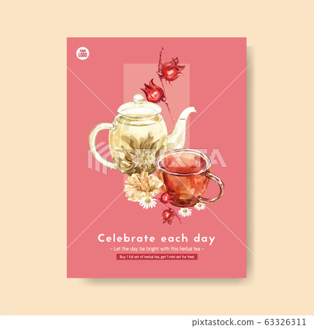 Herbal tea poster design with Rosella, Tea pot, - Stock Illustration ...