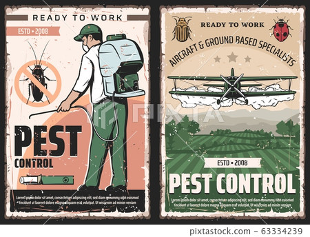 Pest control exterminator and plane with insects - Stock Illustration ...