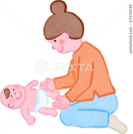 Baby diaper change mom watercolor - Stock Illustration [63338598] - PIXTA