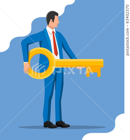 Businessman in suit holding big golden key. - Stock Illustration ...