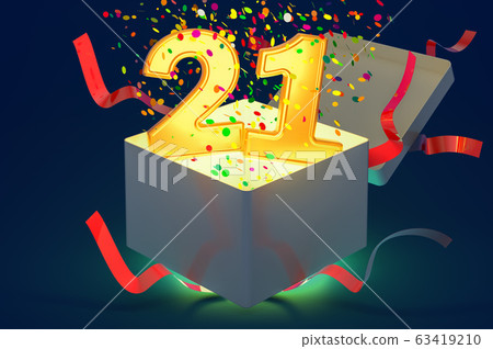 Number 21 inside gift box with confetti and shiny - Stock Illustration ...