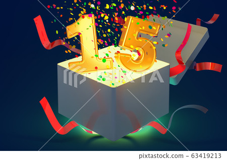 Number 15 inside gift box with confetti and shiny - Stock Illustration ...