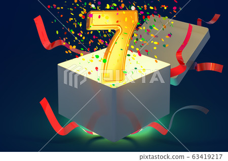 Number 7 inside gift box with confetti and shiny - Stock Illustration ...