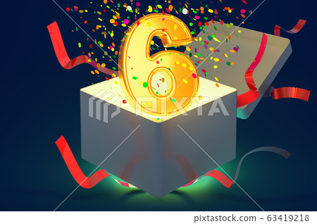 Number 6 inside gift box with confetti and shiny - Stock Illustration ...