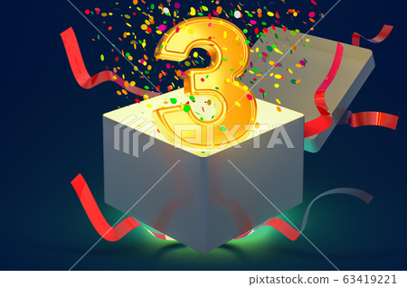 Number 3 inside gift box with confetti and shiny - Stock Illustration ...
