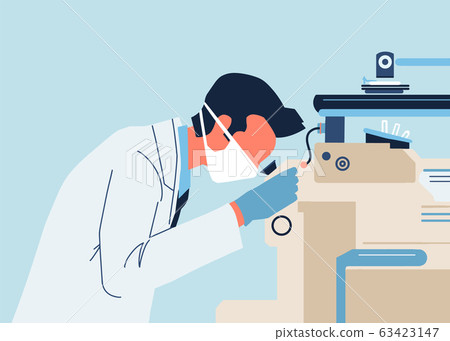 A doctor performs a blood test under a microscope. - Stock Illustration ...