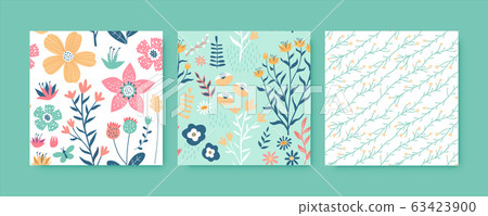 Flower spring hand drawn seamless pattern set - Stock Illustration ...