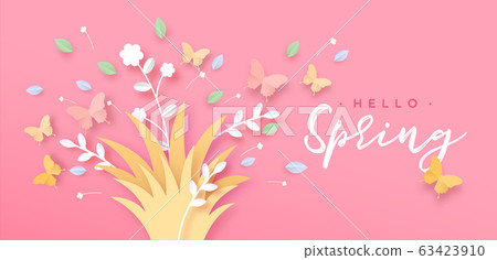 Hello spring floral card of paper cut butterfly - Stock Illustration ...