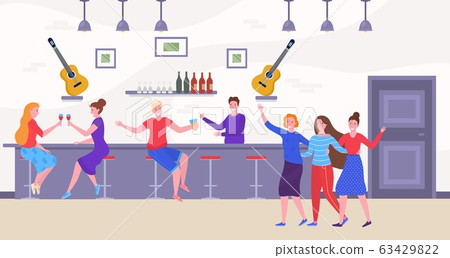 Friends and people at bar drinking and having... - Stock Illustration ...