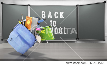 Blue backpack with school supplies 3d render back - Stock Illustration ...