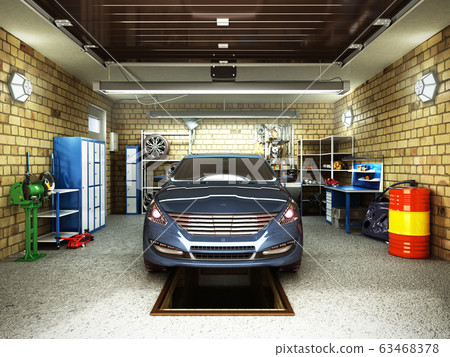 Front View of a Garage with a car 3D Interior with - Stock Illustration ...