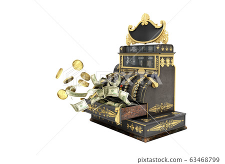 Old vintage cash register with flying money and - Stock Illustration ...