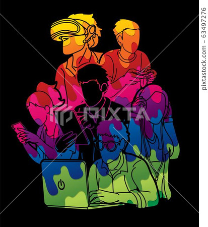 Group of People using digital devices cartoon... - Stock Illustration ...