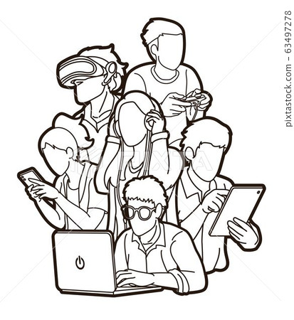 Group of People using digital devices cartoon... - Stock Illustration ...