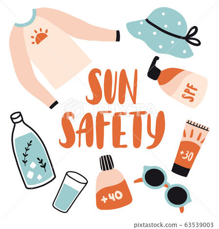 Sun safety. Cute cartoon set with cosmetic and... - Stock Illustration ...