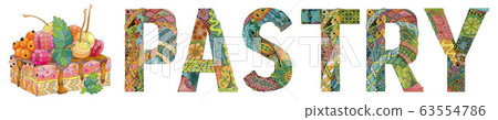 Word PASTRY with piece of cake. Vector decorative - Stock Illustration ...