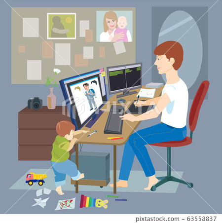 Young father, man working from home, freelancer - Stock Illustration ...