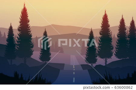 Natural pine trees forest. Mountains horizon... - Stock Illustration ...