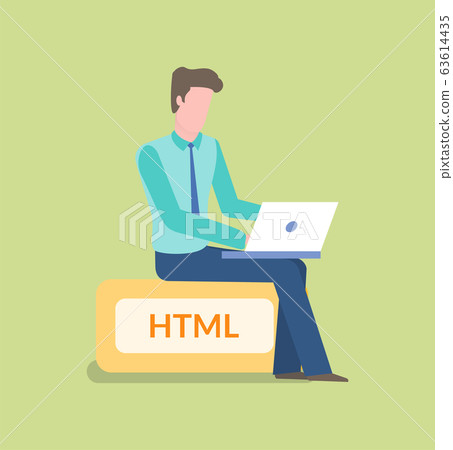 Programming Male Sitting on HTML Sign Working - Stock Illustration ...