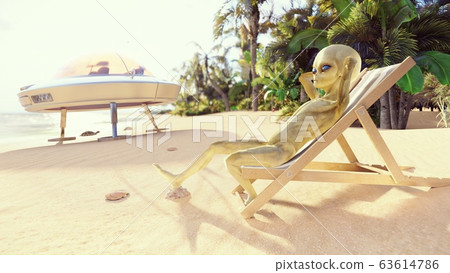 Alien resting on a tropical sea beach on a hot... - Stock Illustration ...