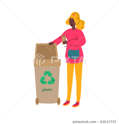 Cartoon woman putting plastic cup in recycling... - Stock Illustration ...