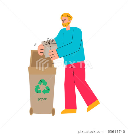 Cartoon man putting cardboard gift box in paper... - Stock Illustration ...
