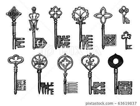 Victorian keys. Medieval Gothic locks set. The... - Stock Illustration ...