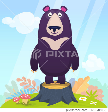 Cartoon happy bear on a tree stump. Vector... - Stock Illustration ...