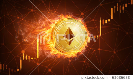 Ethereum coin in fire with bull stock chart. - Stock Illustration ...