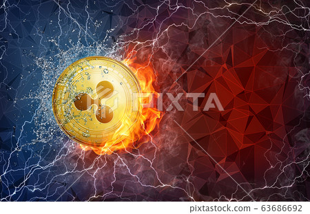 Gold Ripple coin hard fork in fire flame,... - Stock Illustration ...