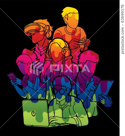 Group of People using digital devices cartoon... - Stock Illustration ...