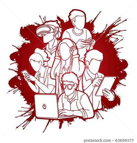 Group of People using digital devices cartoon... - Stock Illustration ...
