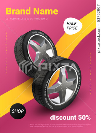 Realistic tire poster. Car wheel promo, auto... - Stock Illustration ...