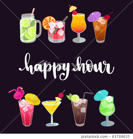 Happy Hour. Handwritten lettering quote and... - Stock Illustration ...
