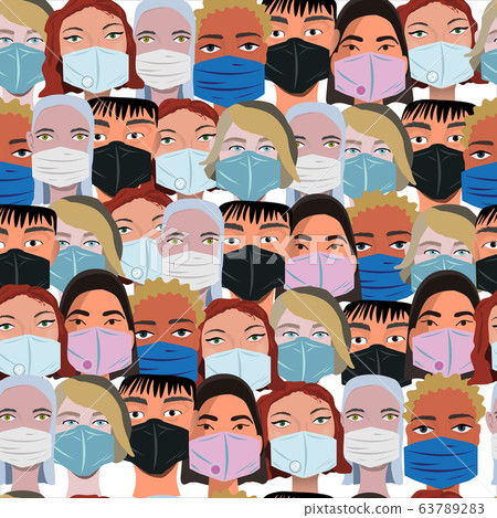 Multinational crowd wearing protective face mask - Stock Illustration ...