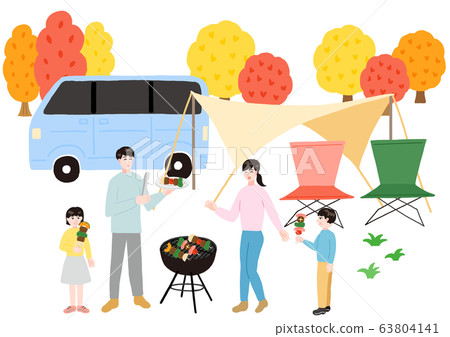Family enjoying barbecue Tarp Auto camp Autumn... - Stock Illustration ...