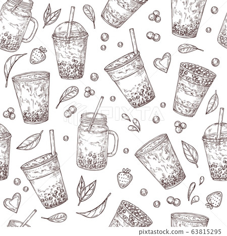 Boba tea pattern. Asian drinks background,... - Stock Illustration ...
