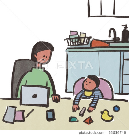 A woman using a computer while taking care of... - Stock Illustration ...
