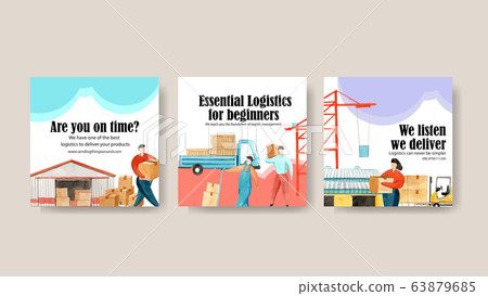 Logistics ads design with box, men, warehouse - Stock Illustration ...