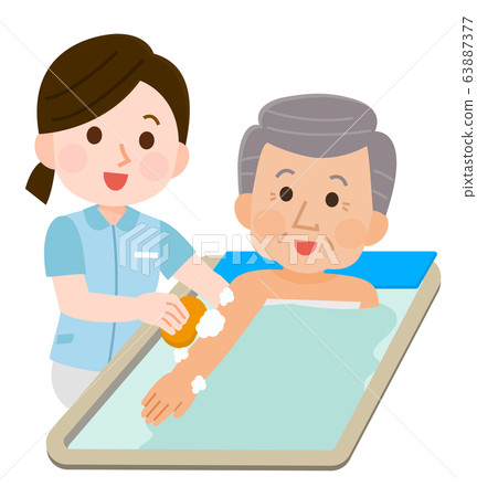 Bathing assistance grandfather female caregiver... - Stock Illustration ...