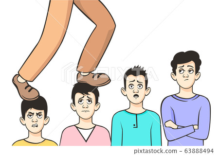 Legs of cartoon business male go over head of... - Stock Illustration ...