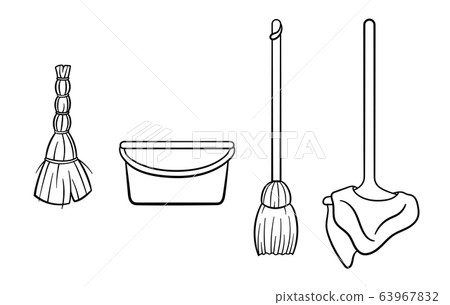 Outline style mop with rag, broom, bucket and - Stock Illustration ...