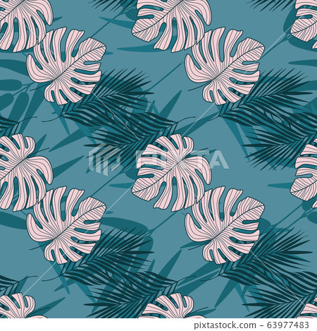 Seamless pattern with tropical leaves on blue - Stock Illustration ...