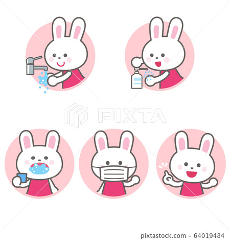 Rabbit hand washing, disinfection, gargle, mask... - Stock Illustration ...