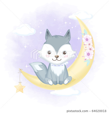 Cute fox and moon hand drawn cartoon watercolor - Stock Illustration ...