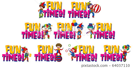 Set of word design for fun times with happy clowns - Stock Illustration ...