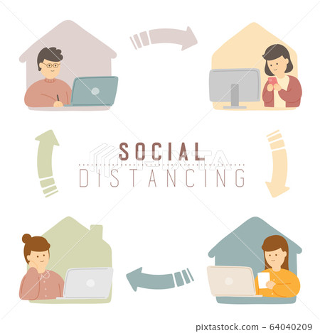 Man and woman with laptop keep distance online... - Stock Illustration ...