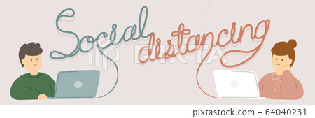 Man and woman with laptop keep distance online... - Stock Illustration ...