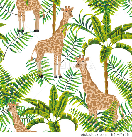 Giraffe palm trees tropical pattern white - Stock Illustration ...