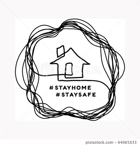 Stay at home. A house drawn in closed linear... - Stock Illustration ...